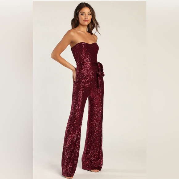 Aakaa | Pants & Jumpsuits | Aakaa Burgundy Sequin Wide Leg Jumpsuit ...